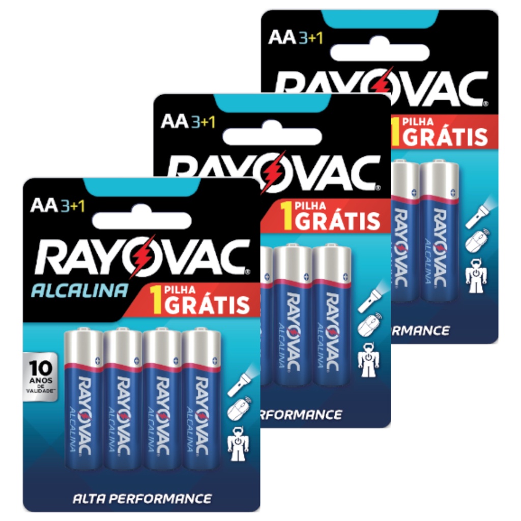 12 Pilhas AA Alcalina Rayovac Alta Performance Carga 10x Mais | Shopee ...