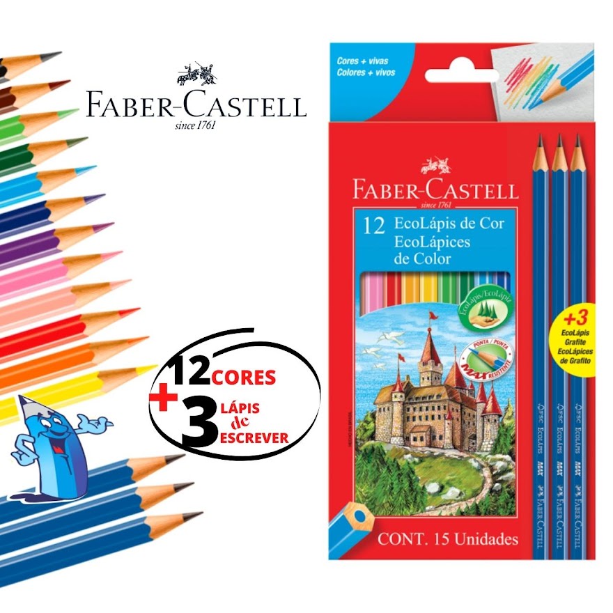 LAPIS DE COR FABER CASTELL 12 CORES+3 ECOLAPIS PRETO - Desconto no Preço