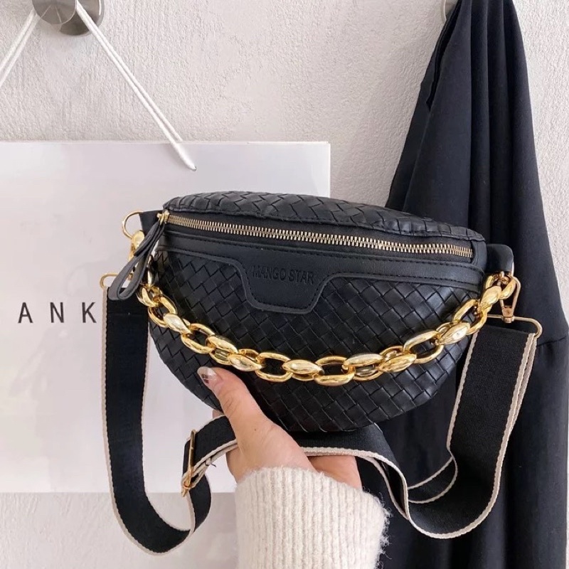 Pochete Unissex Transversal Peito Couro Pu Corrente Dourada Luxuosa ...