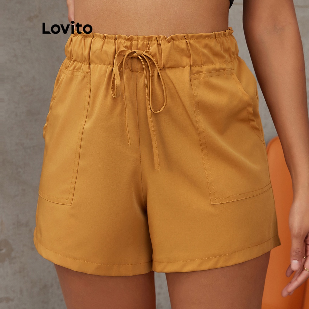 Lovito Shorts Casual Liso com Bolsos de Amarrar L17X242 (Azul de Lago ...