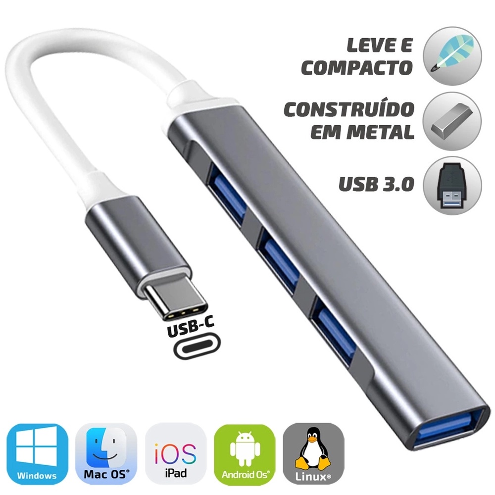 Hub Usb 4 Portas Com Interruptor + Adaptador Otg Usb C Mobilador Para Celular Tipo C - Escorrega ...