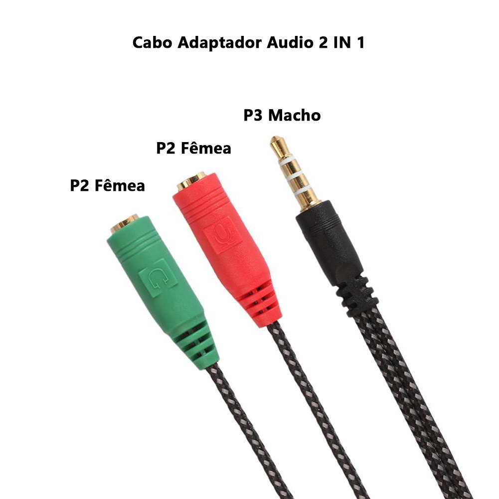 Cabo Adaptador audio 1 P3 Macho X 2 P2 Fêmea 2 IN 1 Para Fone Com ...