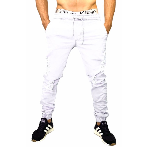 Calça Masculina Jogger Jeans Sarja Branca Preta E Clara Rasgada E Lisas
