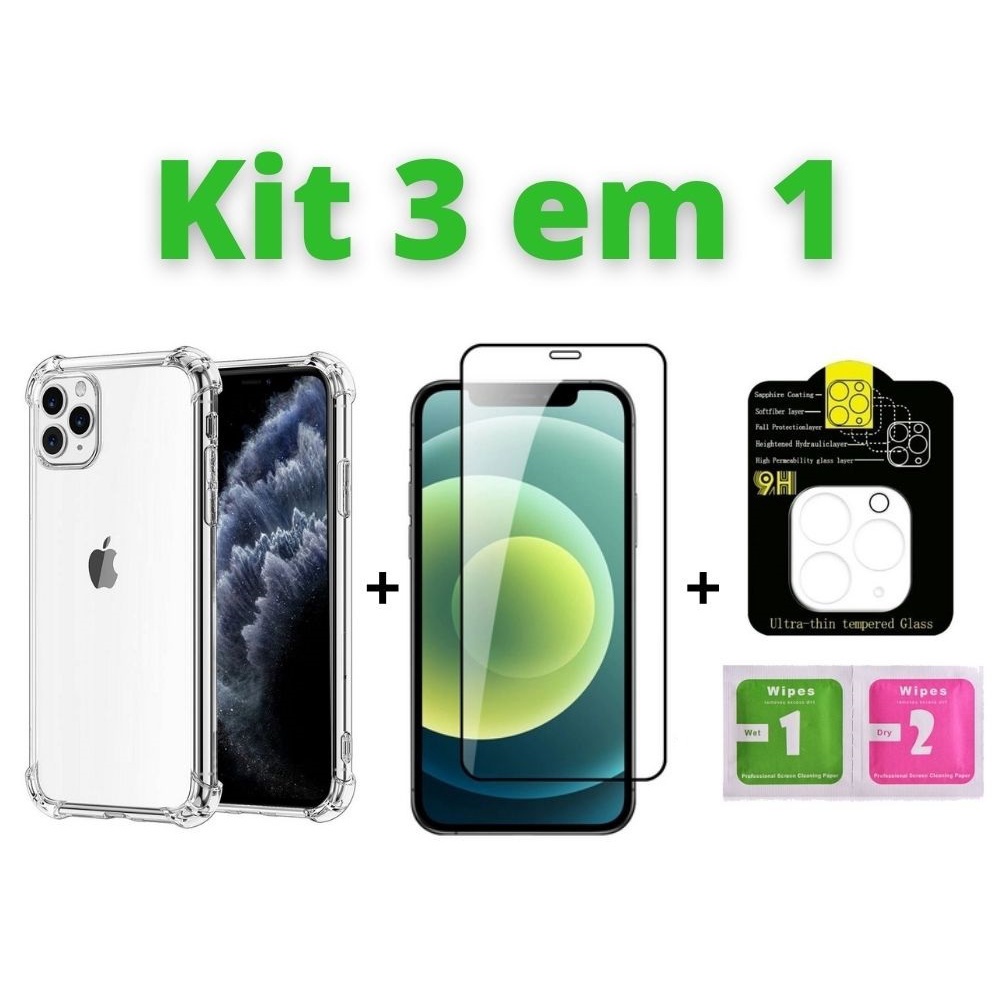 Kit Capinha + Pelicula 3D + Pelicula da Camera Compativel Com iPhone 11 / 11 Pro Max / 12 / 12 ...