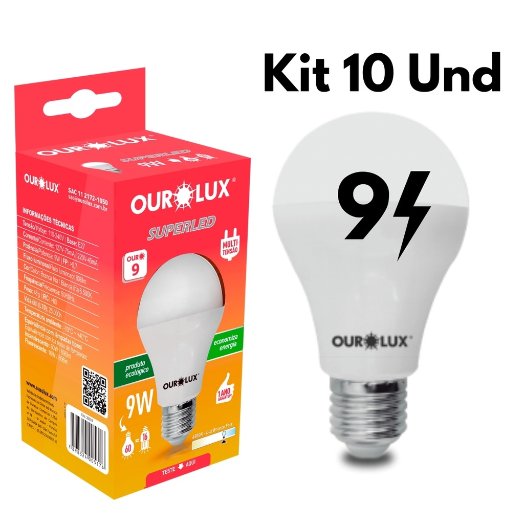 Kit 10 Lampadas Led 9 W Bulbo E27 Bivolt Branco Frio 6500K | Shopee Brasil
