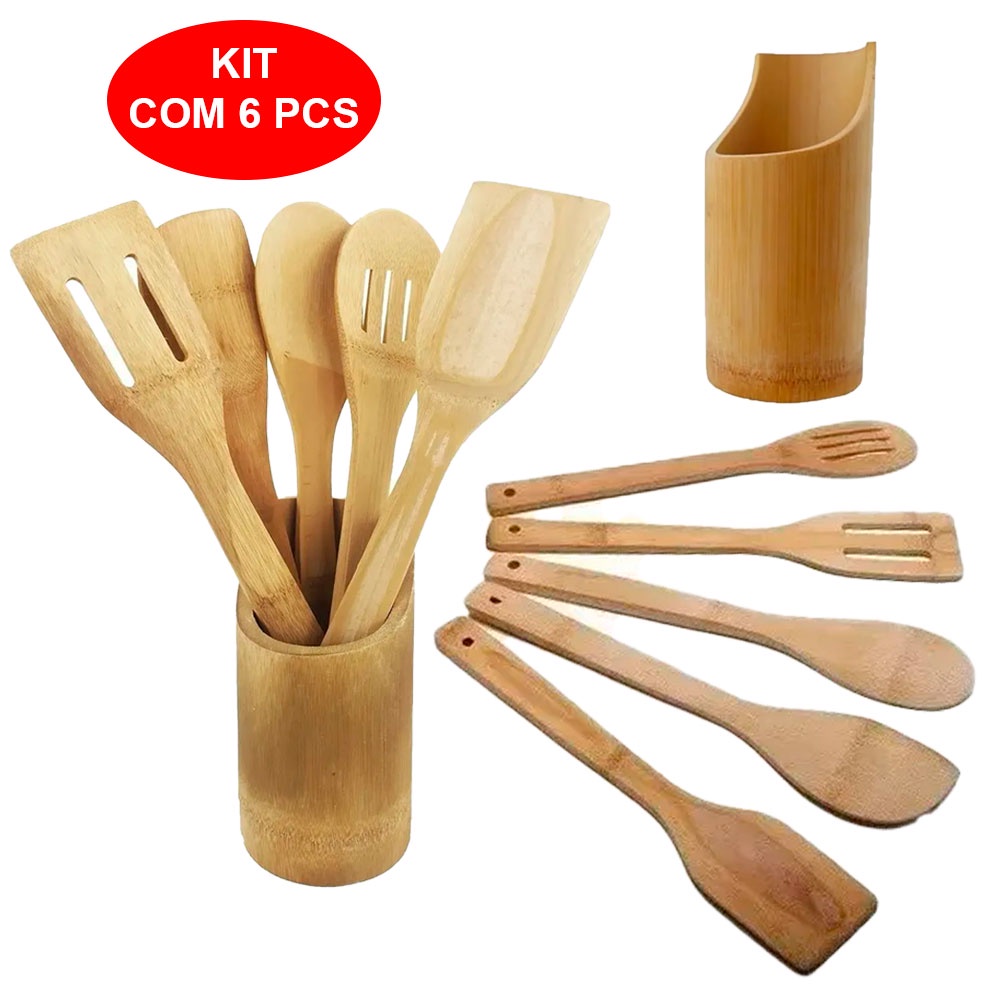 Kit Colher de Pau Utensílios de Bambu Cozinha com Suporte - Desconto no ...