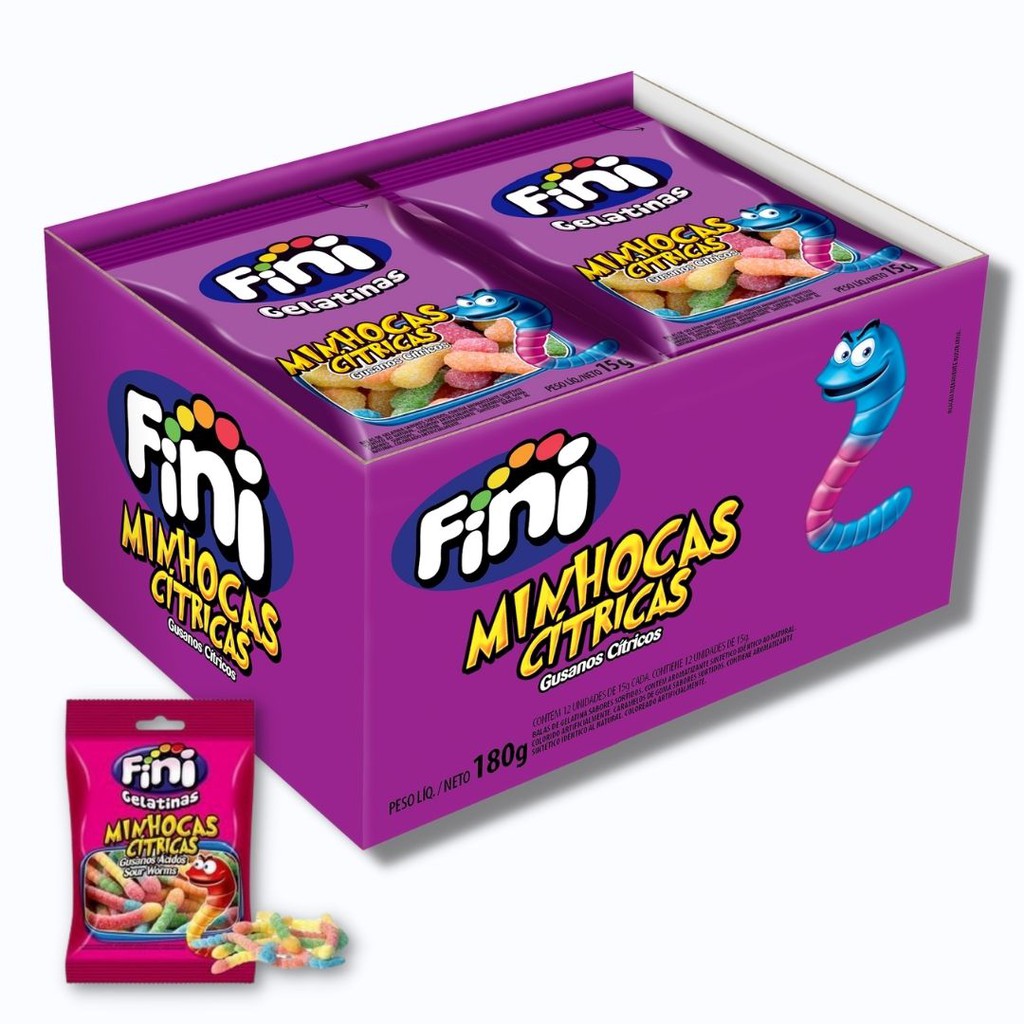 Fini Mini Minhocas Citrícas com 12 pacotes de 15g cada - Doce Gelatina ...
