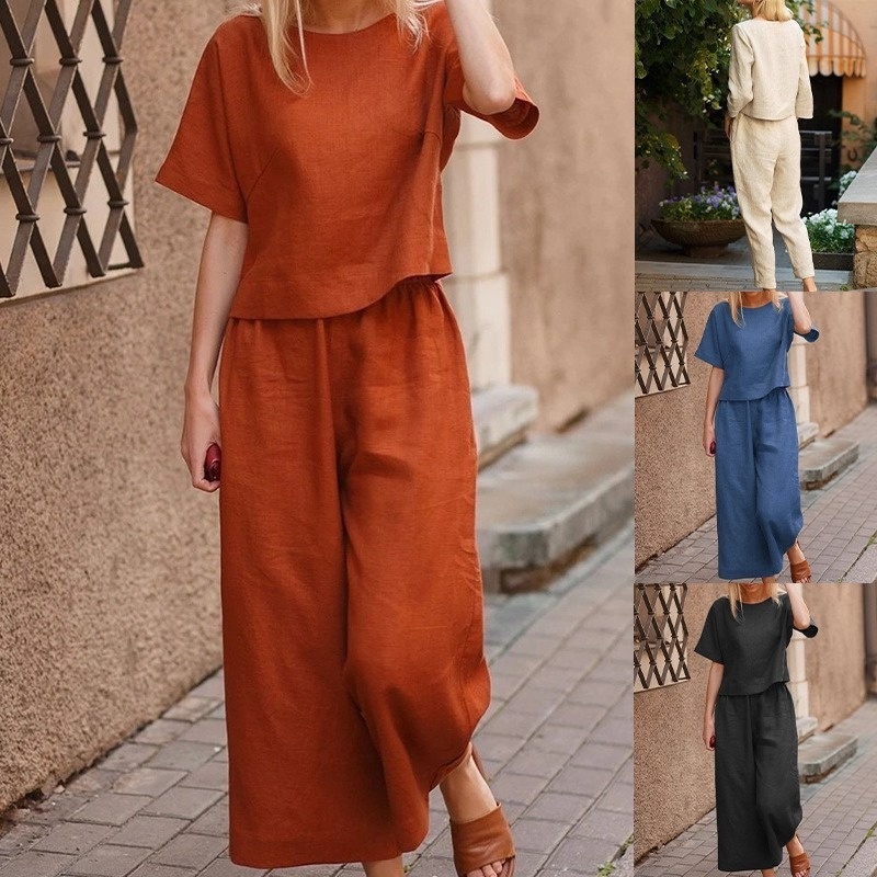Roupa De Linho Casual Feminina De Cor Lisa Solta Fato De Manga Curta E ...
