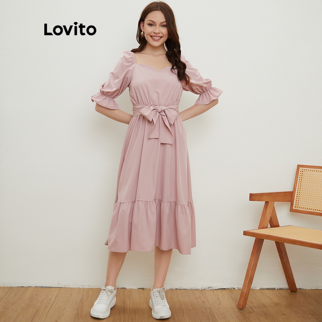 Lovito Vestido De Manga Com Babados Liso Com Cinto L20D156 (Rosa) | Shopee Brasil