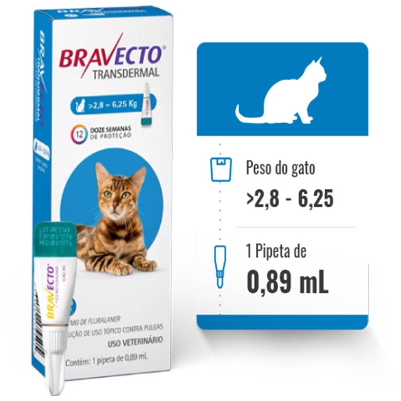Antipulgas Bravecto Gatos Transdermal 2,8 A 6,25kg 250mg | Shopee Brasil