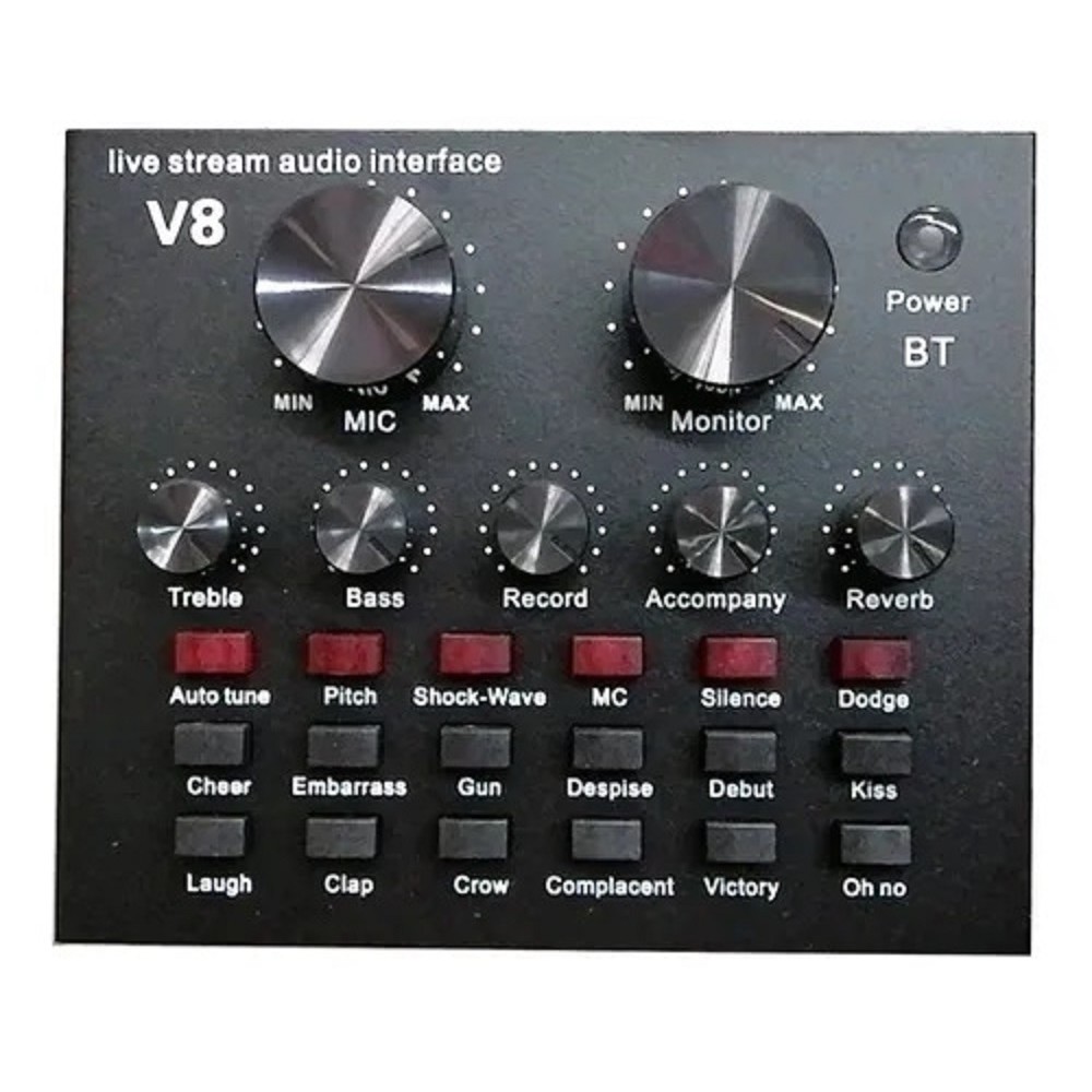 Placa de Som V8 Interface Áudio Mixer USB P2 P10 Mic Fone Modulador ...