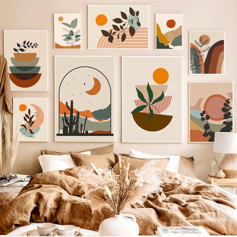 Boho Abstract Poster Sun Moon Canvas Pintura Cactus Deixa Paisagem ...