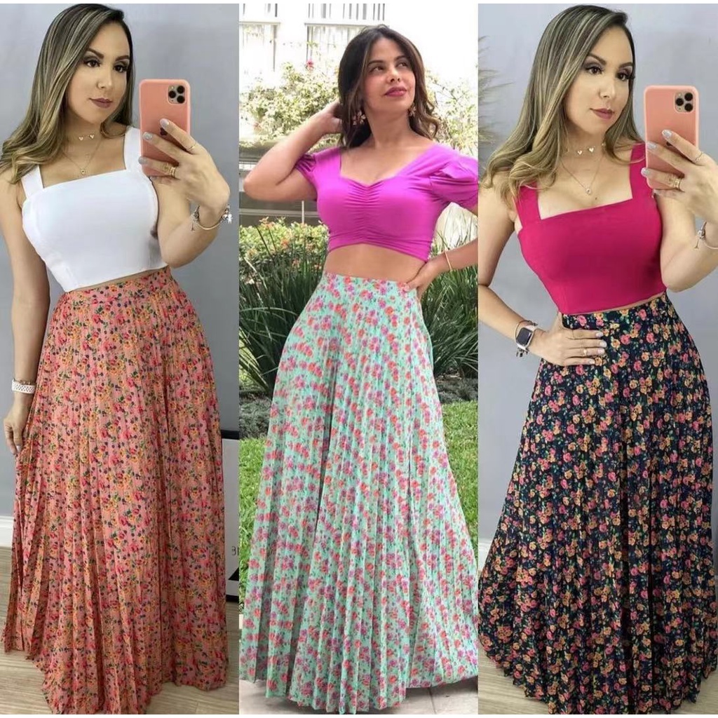 Saia Plissada Longa Evangélica Elegante Cintura Alta Flor-031 | Shopee ...
