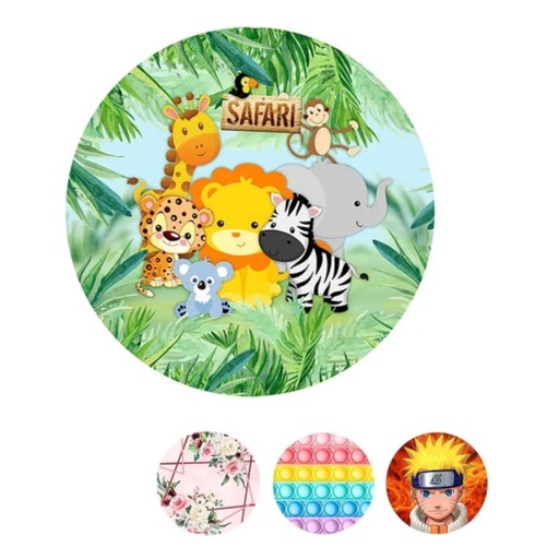 Painel De Festa Redondo Sublimado 3d Tecido 1,4 Diâmetro Floral Safari Fazendinha Batizado ...