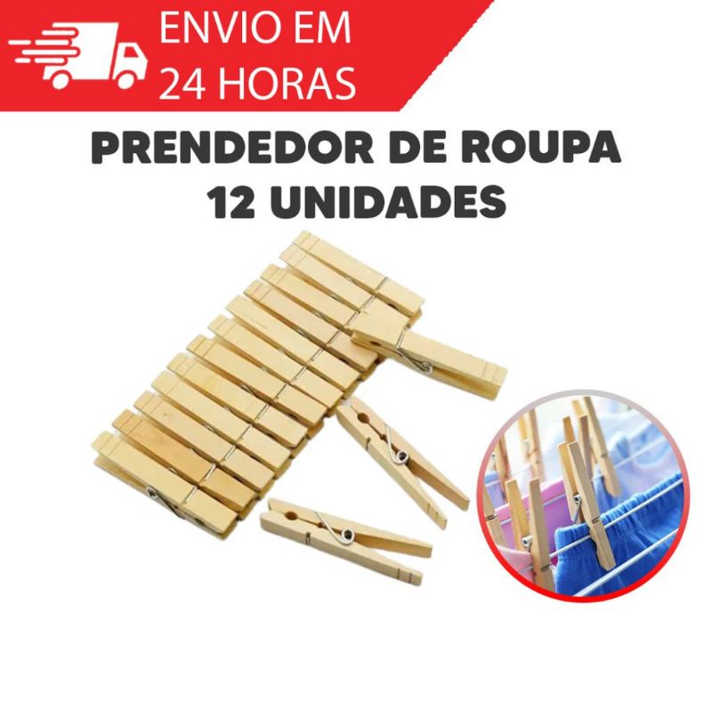 Prendedor de Roupa de Madeira Com 12 Unidades - Envio Imediato | Shopee ...