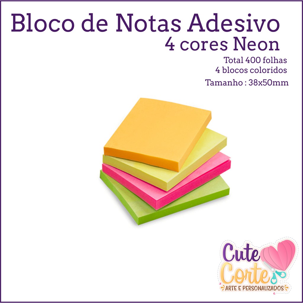BLOCO DE NOTAS ADESIVO - 38x50MM - 4 BLOCOS DE 100 FOLHAS - COLORIDO ...