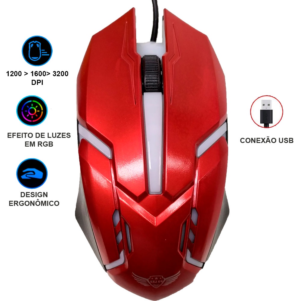 MOUSE GAMER LED COM FIO USB AJ013 VERMELHO | Shopee Brasil