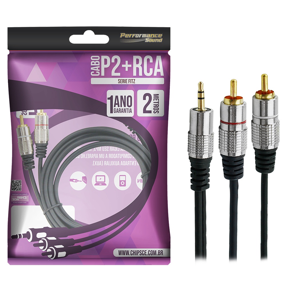 Cabo P2 Estéreo x 2 Rca Plug Metal Níquel Fits 2 Metros - Faz a Boa!