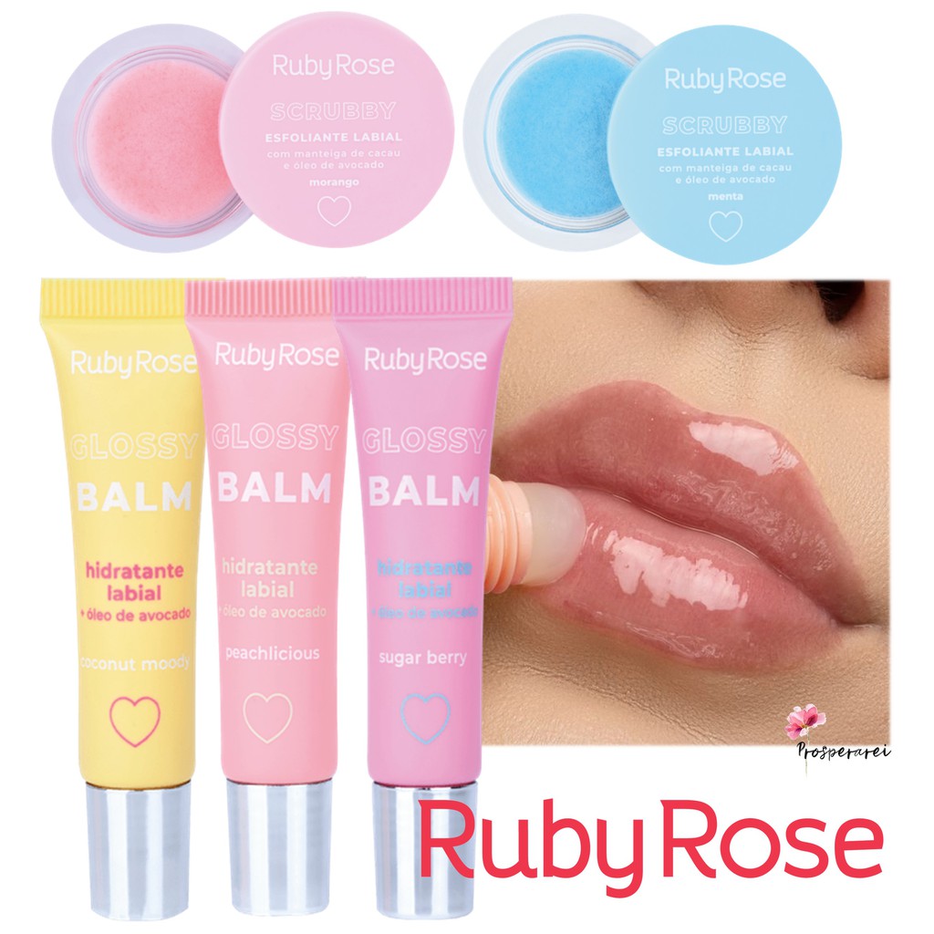 Kit Ruby Rose Hidratante Labial Glossy Balm + Esfoliante Labial Scrubby | Shopee Brasil