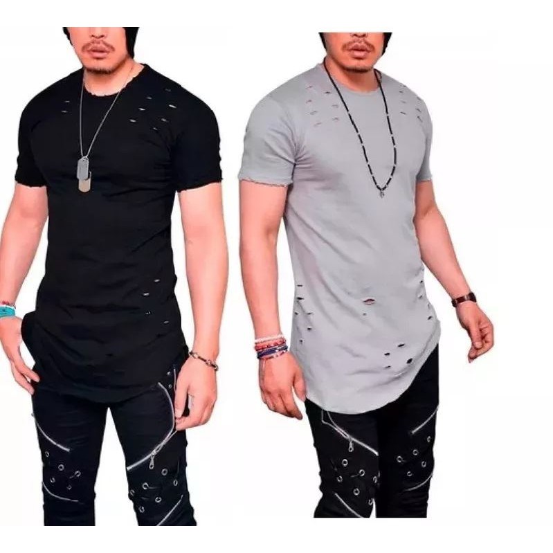 Camiseta Camisa Oversized Longline Estilo Rasgado | Shopee Brasil
