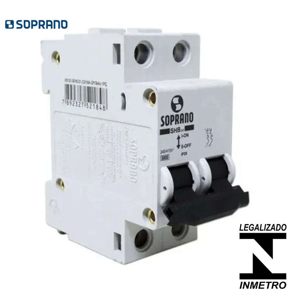 Disjuntor Bipolar Dois Polos 2P Soprano 06A 10A 16A 20A 25A 32A 40A 50A 63A 70A 80A 90A 100A ...