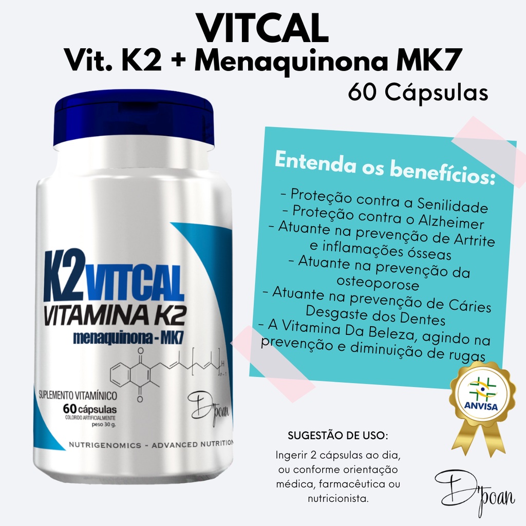 Vitcal Vitamina K2 Menaquinona Mk7 - 60 cáps - D'poan prevenção ...