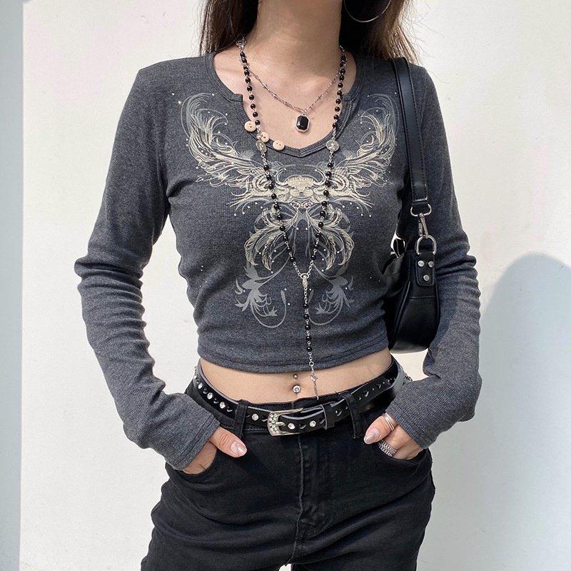 Y2k Top Colheita Mulheres Grunge Do Vintage Gráfico Impressão Slim Fit