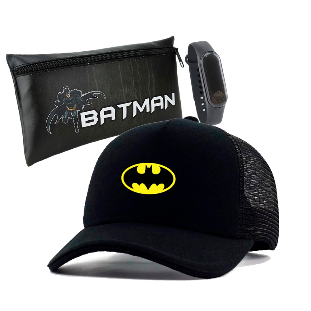Bone Aba Curva Ajustável Batman Com Necessaire Personalizado e Relogio ...