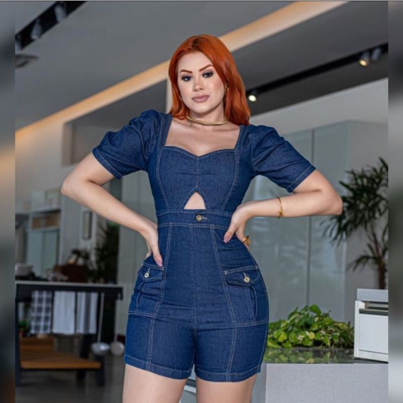 macaquinho jeans com lycra | Shopee Brasil