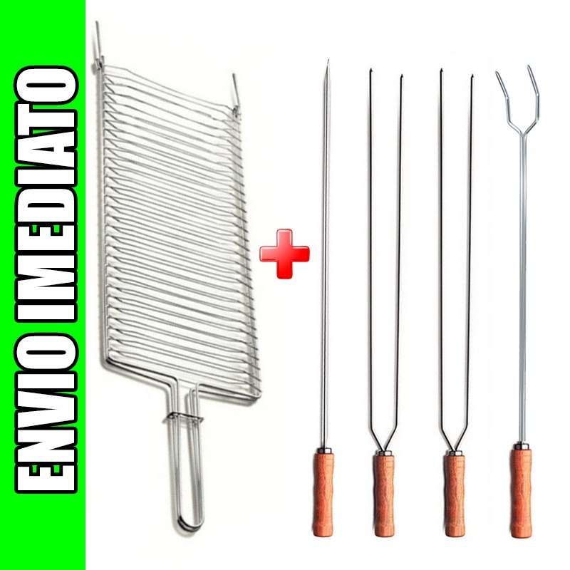 Kit Churrasco 5 Peças Grelha e Espeto Inox Assar Carne e Peixe 56X17 ...