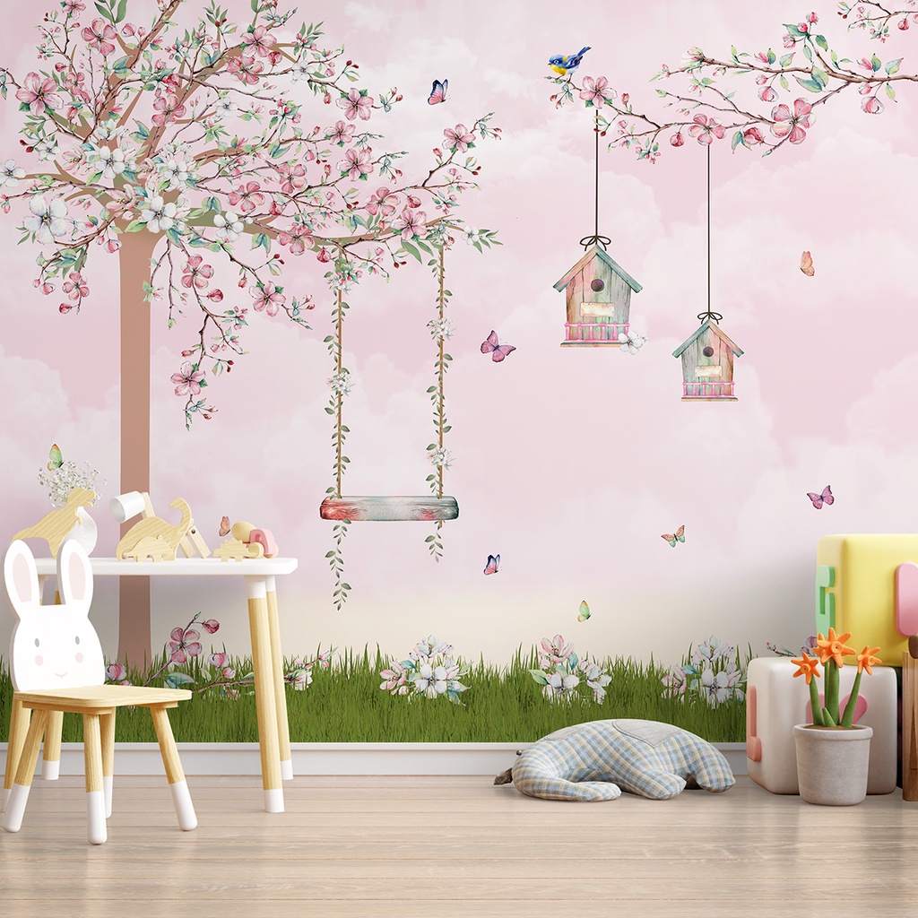 Papel de Parede Autocolante Infantil Tema Jardim Encantado Rosa ...