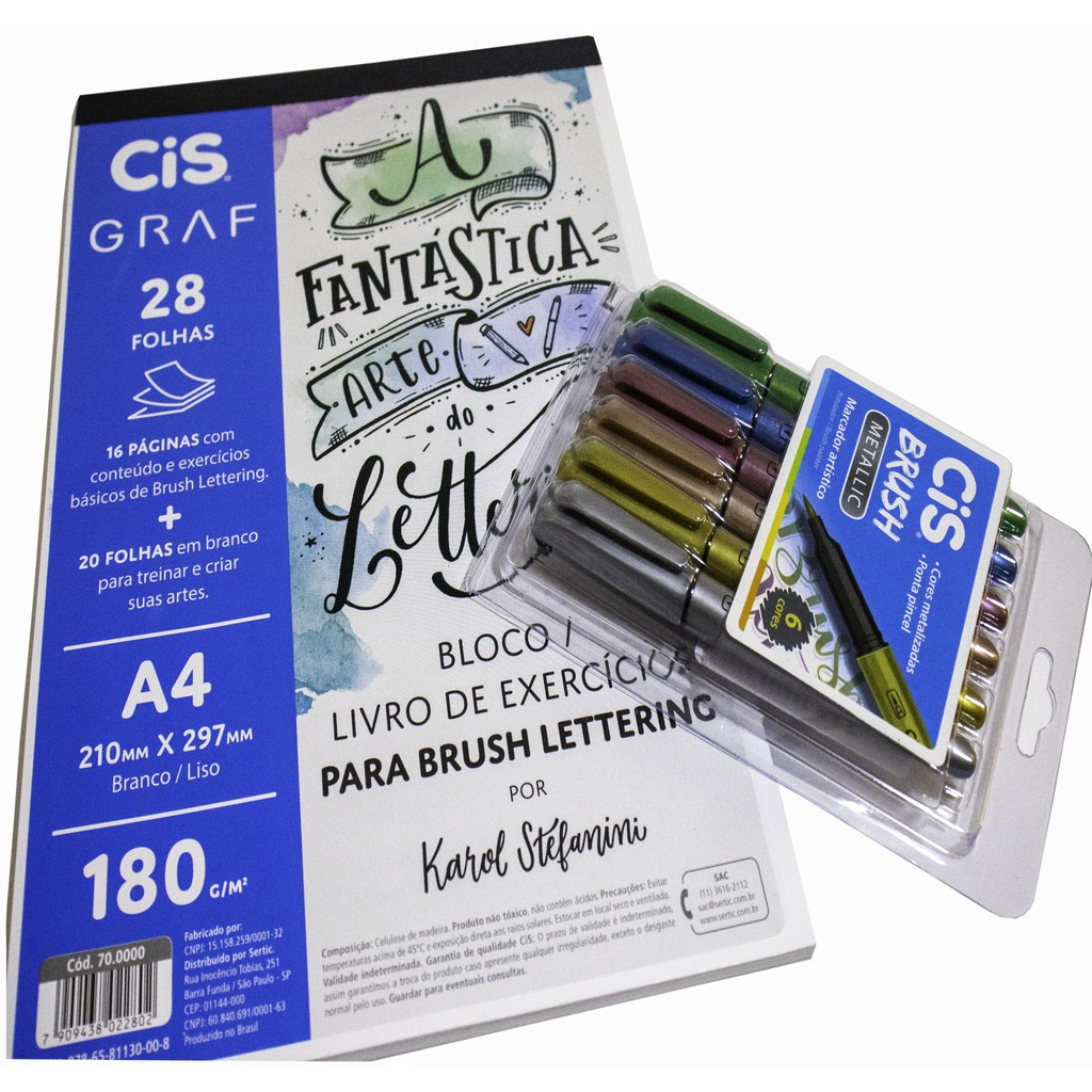 Kit Bloco / Livro para Lettering CIS + Caneta Brush Pen CIS Metallic ...