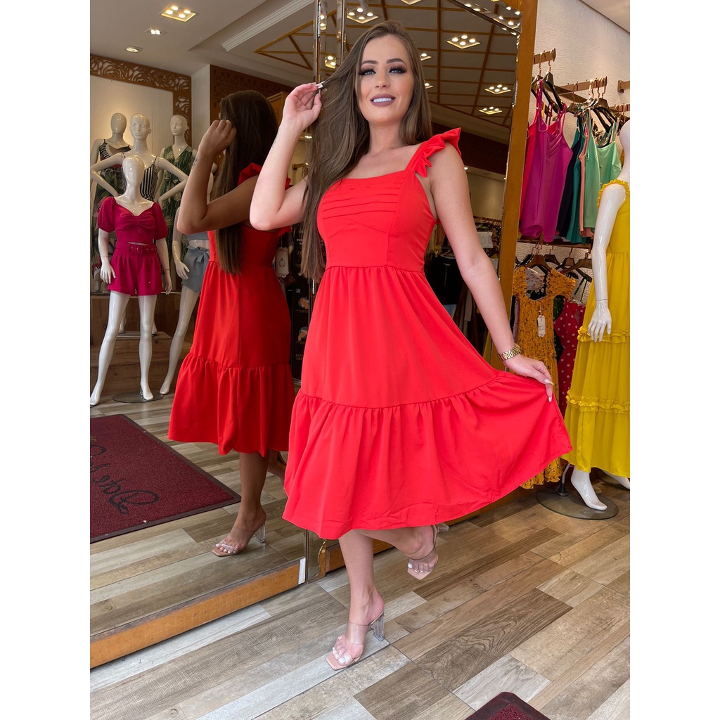 Vestido midi feminino de alcinha elastico na costa lastex | Shopee Brasil