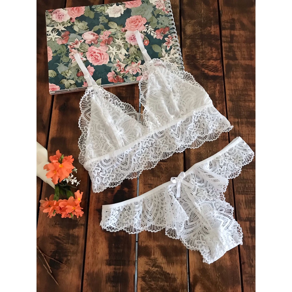 Conjunto de Renda Sutiã Top com Alça de Regulagem e Calcinha Rendada ...