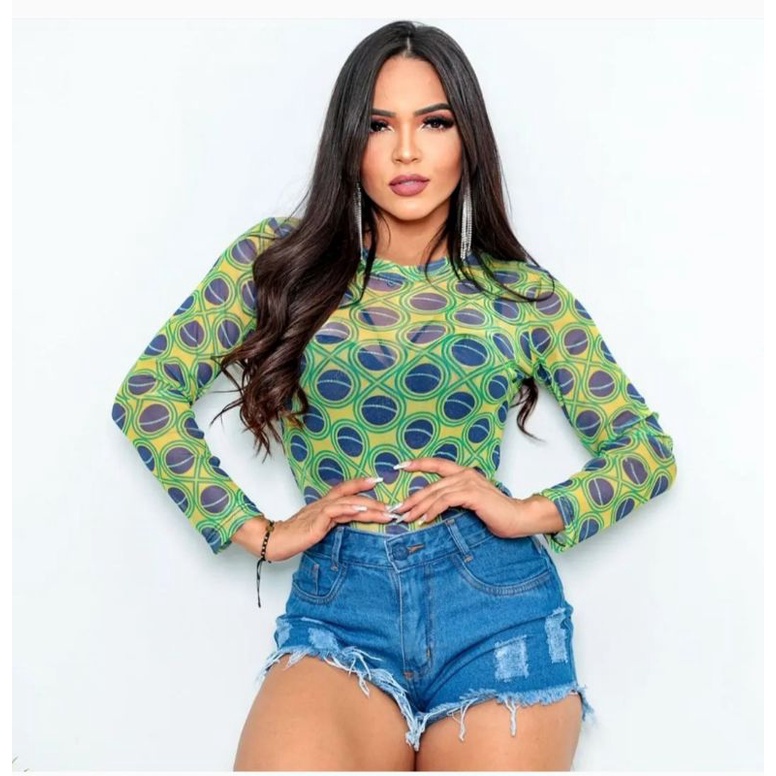 Body Transparente em Tule Bandeira do Brasil Copa Do Mundo Manga Longa ...