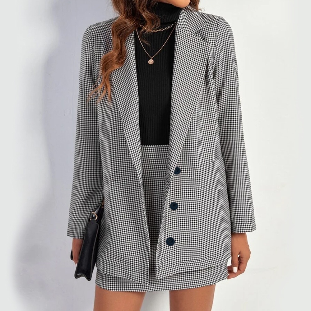 Conjunto Blazer E Saia Feminino Alongado Jaqueta - Xadrez | Shopee Brasil
