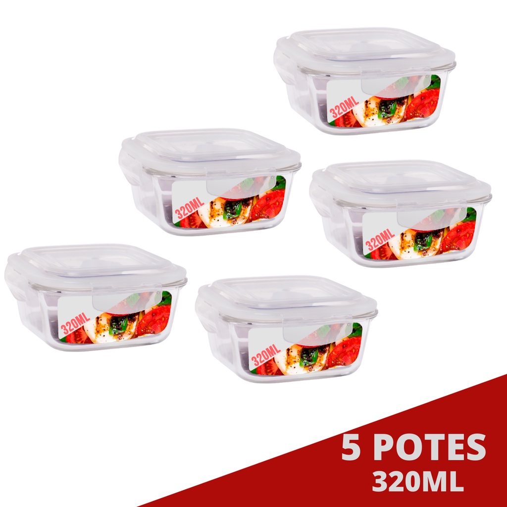 Kit 5 Pote Tampa Hermetica Quadrado de Vidro 320ml Multiuso | Shopee Brasil