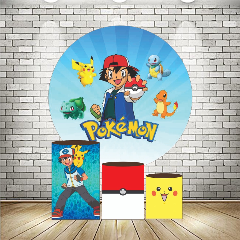 Painel Redondo + Capas de Cilindro em Lona Decoração de Festa Pokemon 4 ...
