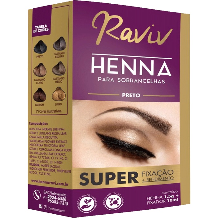 Kit Henna Sobrancelha Raviv1.5g e 10ml Fixador Todas Cores Rena ...