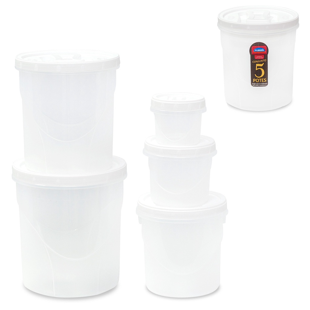 Kit 5 Potes redondos plástico plasútil com tampa de rosca branco para ...