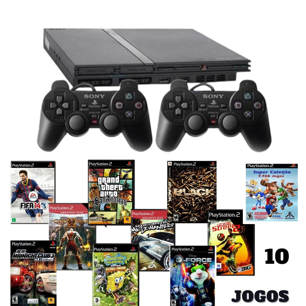 Playstation 2 Slim Play2 Completo + 10 Jogos + Garantia Ps2 2 Manetes ...
