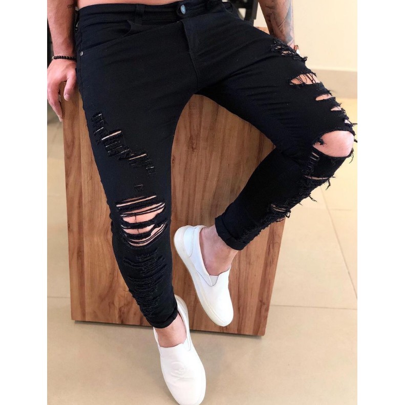 Calça Masculina Rasgada Desfiada Com Lycra Skinny Slim Jeans Preto