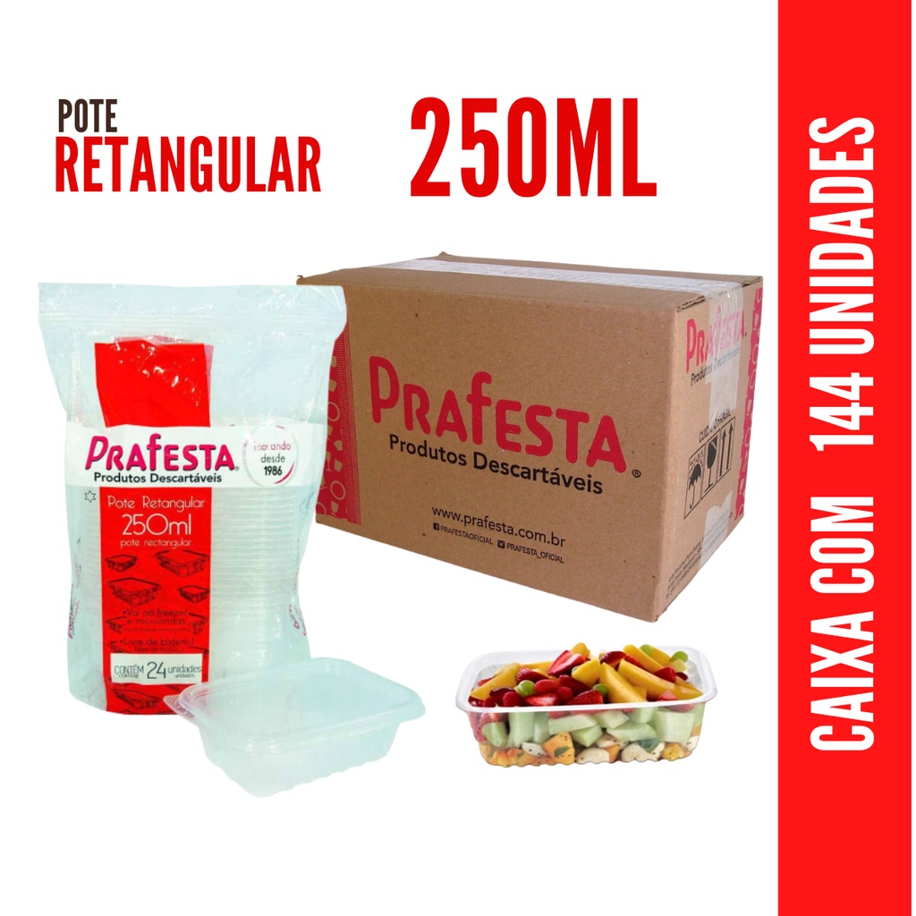 Pote RETANGULAR 250ml - CAIXA com 144 unidades - Prafesta | Shopee Brasil