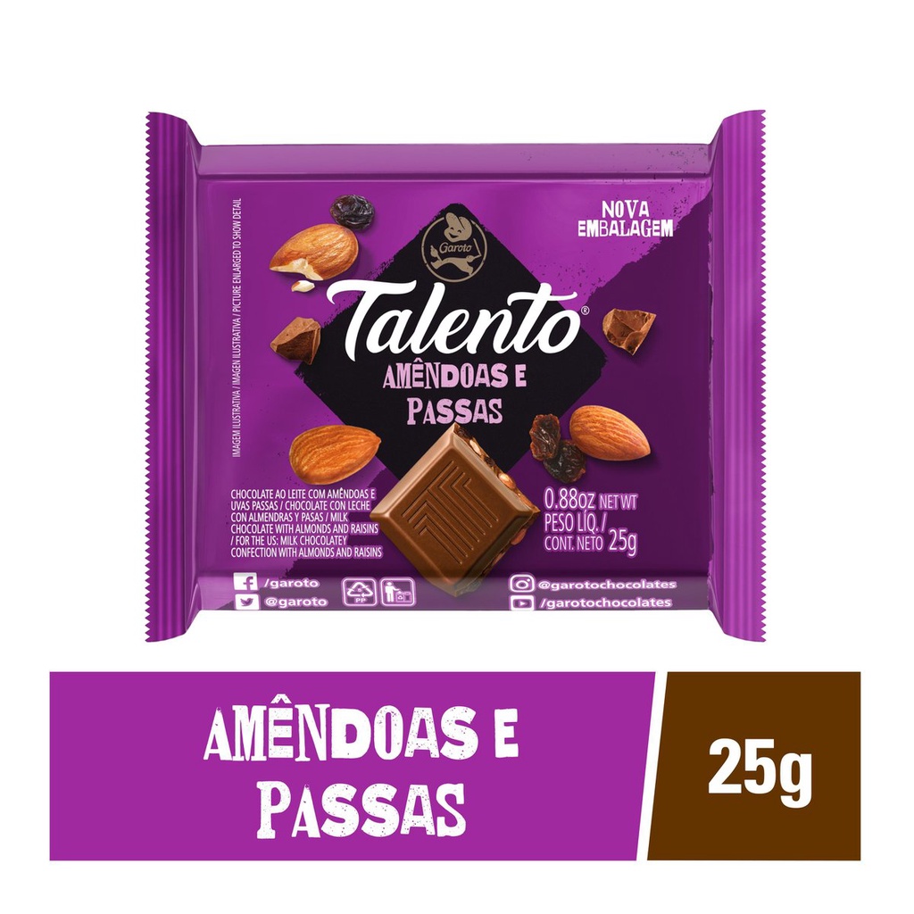 Chocolate Talento ao Leite com Amêndoas e Passas 25g | Shopee Brasil