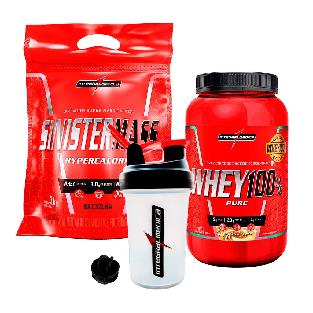 Kit combo Hipercalórico Sinister Mass 3kg + Whey 100% Puro Pote 907g Integralmédica ...