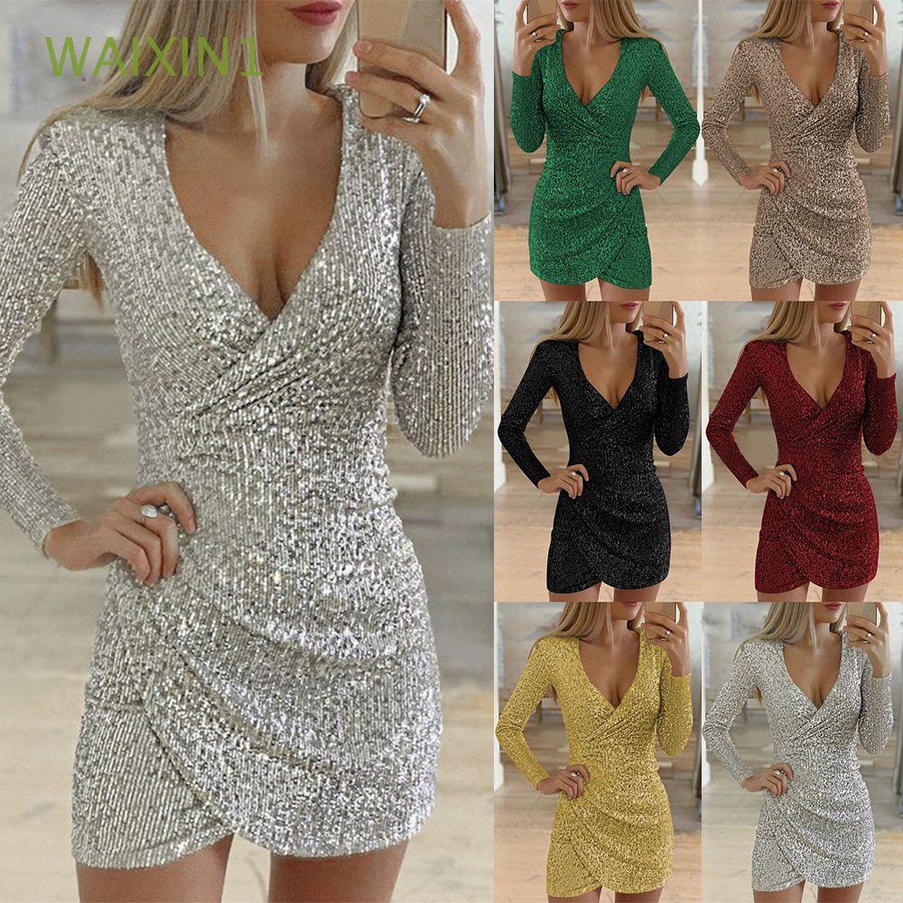 Mini Vestido Bodycon Moda Plus Tamanho Com Gola V E Lantejoulas Manga ...