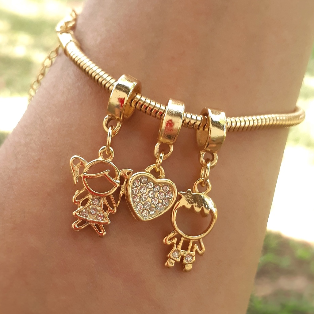 Pulseira de Berloque Feminina Pandora Dourada Menino e Menina - Banhado ...