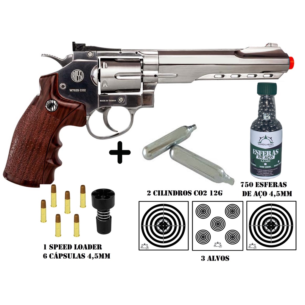 Revólver de Pressão W702s CO2 4,5mm Full Metal Rossi + 750 Esferas de ...