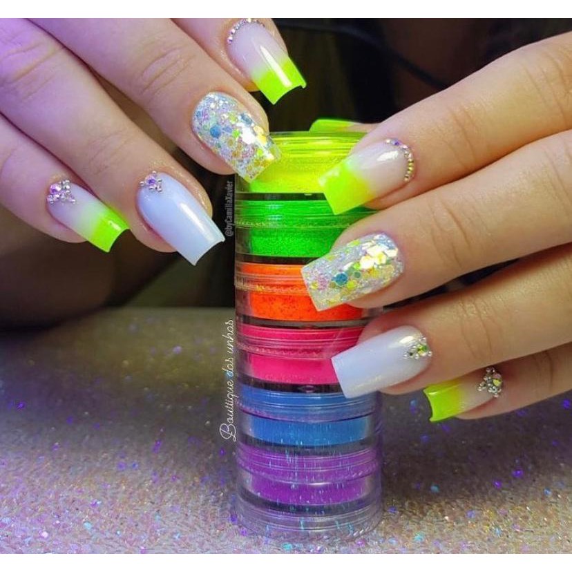 Kit 6 Pó Glitter Neon Fluorescente Multifuncional Arte Unha Ensaio ...