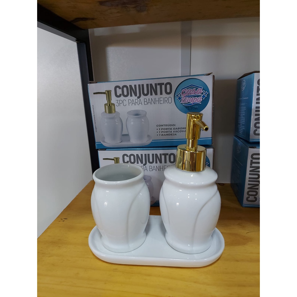 Kit para banheiro branco com dourado - 3 peças | Shopee Brasil